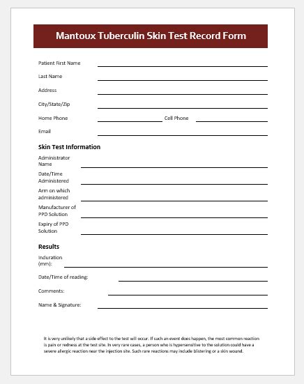 Tb Skin Test Form Printable Printable Forms Free Online