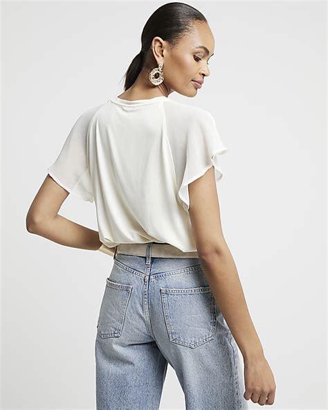 White Plisse Flute Sleeve Blouse River Island