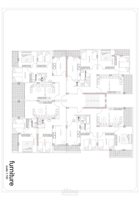 رسم مسقط أفقي مع الفرش لبناء من أربع شقق في الطابق الواحد على برنامج