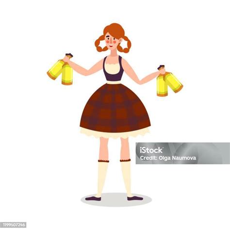 여자 웨이터 에 스커트 유니폼 제공 신선한 맥주 벡터 일러스트 개념에 대한 스톡 벡터 아트 및 기타 이미지 개념 긍정적인 감정 표현 디자인 Istock