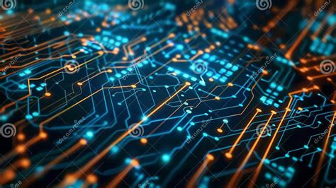 The Circuit Board Appears Futuristic With Glowing Blue And Orange Lines And Nodes Stock
