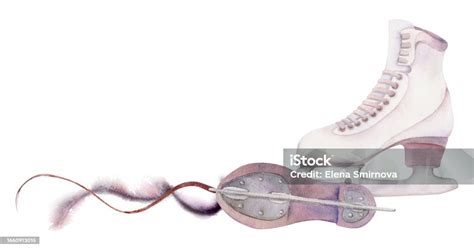 손으로 그린 수채화 코너 피겨 스케이팅 부츠 한 켤레 얼음 트레일 소용돌이 겨울 스포츠 그림 격리된 프레임 구성 흰색 배경 디자인 포스터 인쇄물 웹사이트 카드 초대장