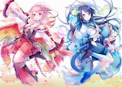 2girls Anthropomorphism Aqua Eyes Ball Black Hair Boots Feathers Horns
