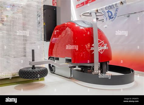 Automatic Robotic Pallet Wrapper EMotion During Work At Exhibition
