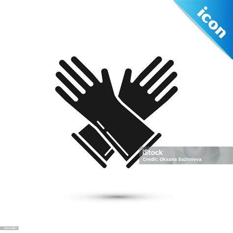 흰색 배경에 격리 된 검은 색 고무 장갑 아이콘입니다 라텍스 손 보호 기호입니다 집안일 청소 장비 기호입니다 벡터 일러스트레이션