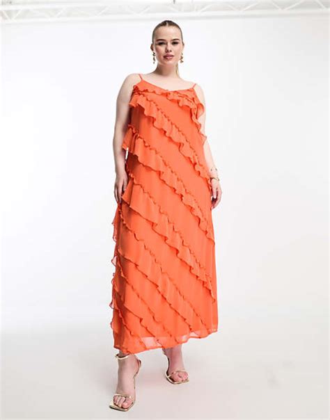 Vila Curve Vestito Con Spalline Sottili Arancione Con Volant Asos