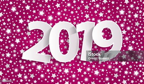 실버 스타와 함께 백서 Cuted 숫자 핑크 행복 새 해 2019 인사말 카드 개념 벡터 일러스트 레이 션 0명에 대한 스톡