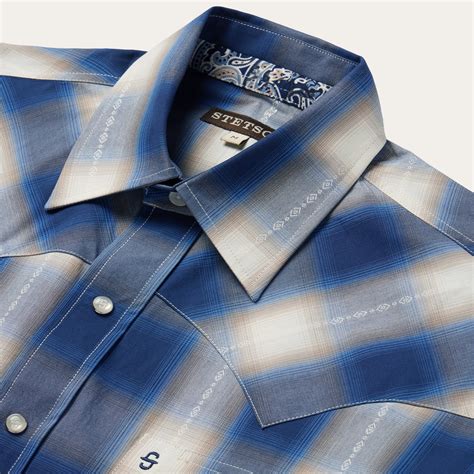 Blue Ombre Plaid Short Sleeve Western Shirt Stetson