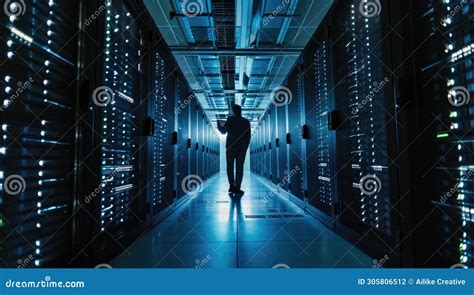 Man Walking Between Illuminated Server Racks In A Data Center Stock