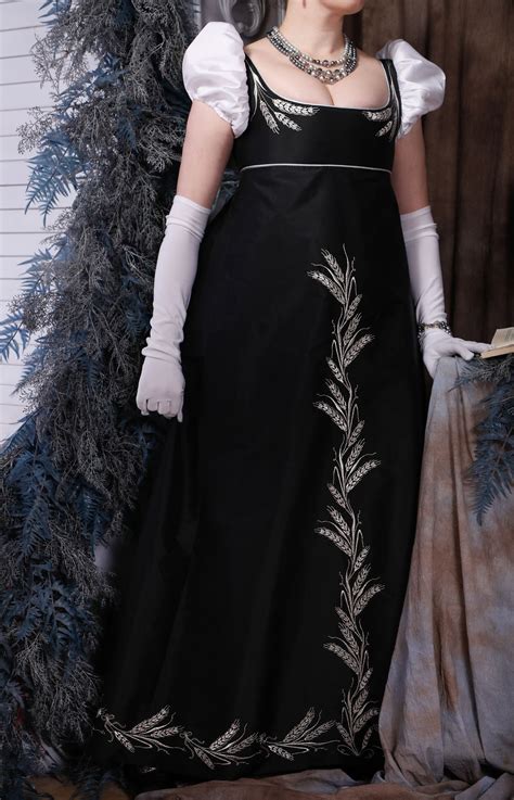 Regency Black Dress With Silver Embroidery Empire Embroidery Gown