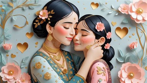 Mother And Daughter Embrace With Pink And Gold Floral Decorations Stock