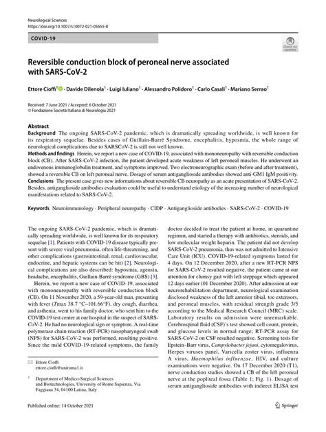 Pdf Reversible Conduction Block Of Peroneal Nerve Associated With Sars Cov 2