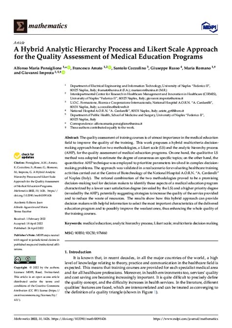 Pdf A Hybrid Analytic Hierarchy Process And Likert Scale Approach For The Quality Assessment