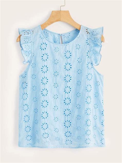 Shein Keyhole Back Ruffle Trim Schiffy Top Clothes For Women Blouse