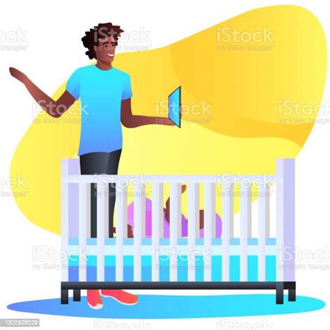 젊은 아버지는 집에서 어린 아이와 함께 시간을 보내고 아버지 육아 개념 침실 인테리어 가공의 인물에 대한 스톡 벡터 아트 및