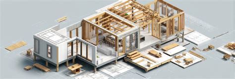 Modular House Construction Model Showcasing Detailed 3d Isometric Design With Space For Text