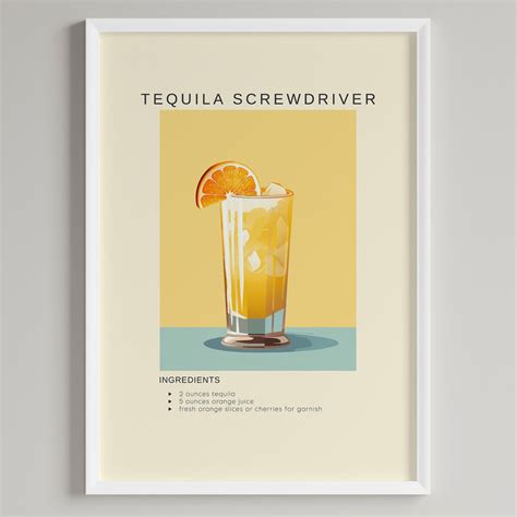 Tequila Screwdriver Cocktail Print Minimalist Bar Cart Decor