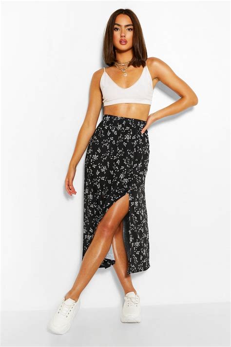 Womens Ditsy Floral Split Front Woven Midi Skirt Boohoo Uk