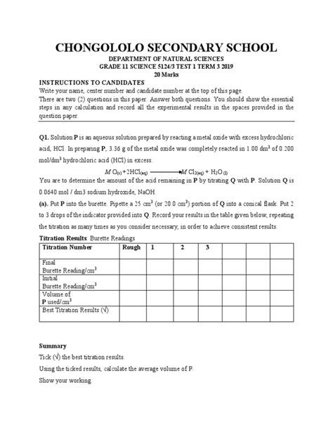 Science Practical Test 1 Pdf Titration Chemistry