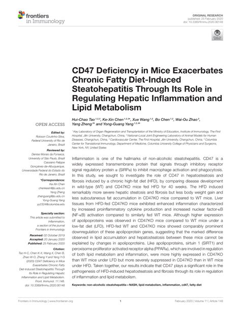 Pdf Cd47 Deficiency In Mice Exacerbates Chronic Fatty Diet Induced