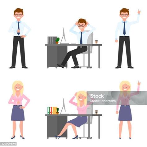 행복 미소 즐거운 사무실 남자와 여자 벡터 그림 엄지 손가락을 위로 서서 책상에 앉아 행복하고 편안한 소년과 소녀 만화 캐릭터가 흰색에 설정 가공의 인물에 대한 스톡 벡터