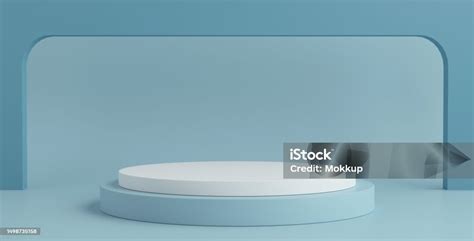 제품 연단 두 개의 흰색 및 파란색 겹쳐진 연단 파란색 배경 3d 일러스트레이션 0명에 대한 스톡 사진 및 기타 이미지 0명