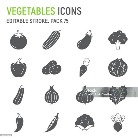 야채 글리프 아이콘 세트 유기농 식품 컬렉션 벡터 그래픽 로고 일러스트 야채 벡터 아이콘 자연 표지판 단색 픽토그램 편집 가능한 획 실루엣에 대한 스톡 벡터 아트 및 기타