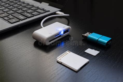 Laptop With USB Type C Adapter With Pluged USB Cables And SD Card The