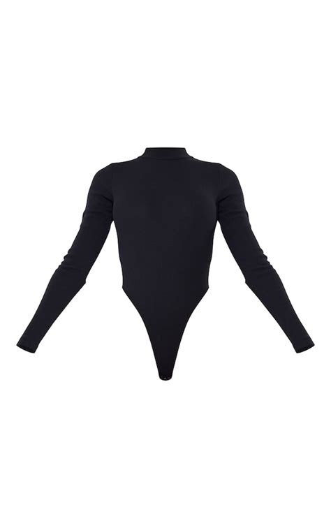 Black Basic Ribbed High Neck Long Sleeve Bodysuit Tops