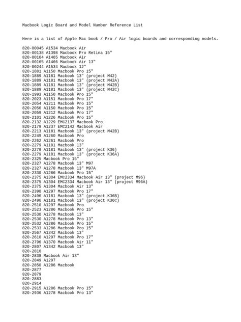 Macbook Logic Board And Model Number Reference List Pdf