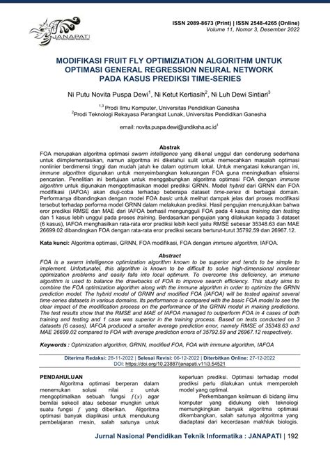 Pdf Modifikasi Fruit Fly Optimiziation Algorithm Untuk Optimasi General Regression Neural