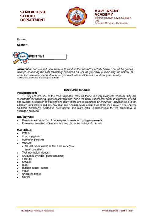 Enzyme Experiment Lecture Notes 1 3 8 10 Name Section BUBBLING TISSUES INTRODUCTION