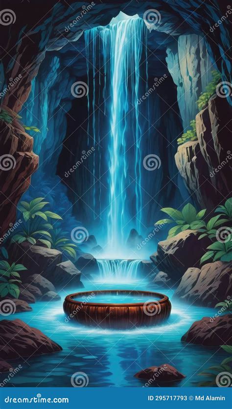 Imposing Subterranean Spa Wet Cave Cascading Waterfall And The Serene Blue Illumination