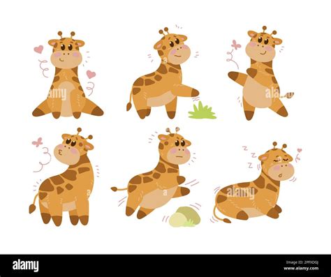 Adorable Giraffe Cartoon Character Vector Illustrations Set Stock
