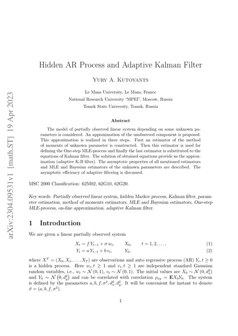 Pdf Hidden Ar Process And Adaptive Kalman Filter