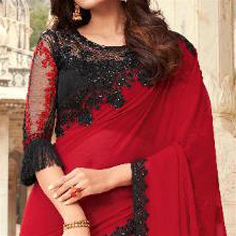 Red Floral Sequins Embroidered Georgette Saree
