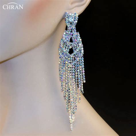 Chran Ab Rhinestone Wedding Statement Earrings For Bride Elegant Silver