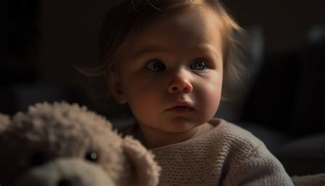 Premium AI Image Cute Baby Girl Playing With Teddy Bear Smiling At Camera Generated By