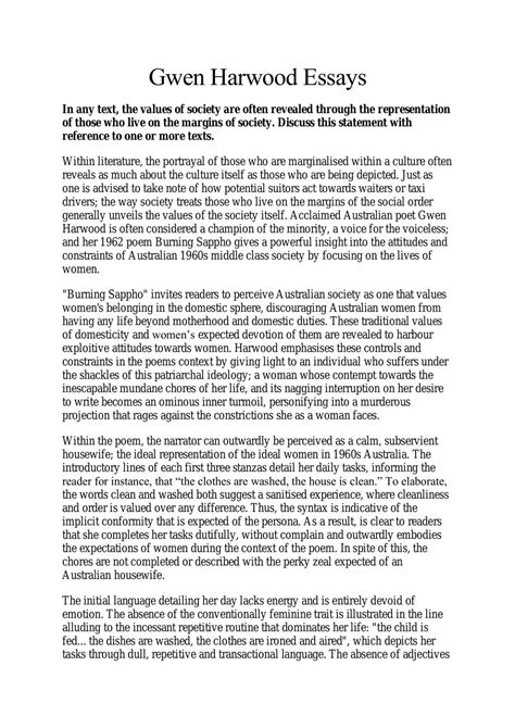 Gwen Harwoods Essays Literature Year 12 Wace Thinkswap