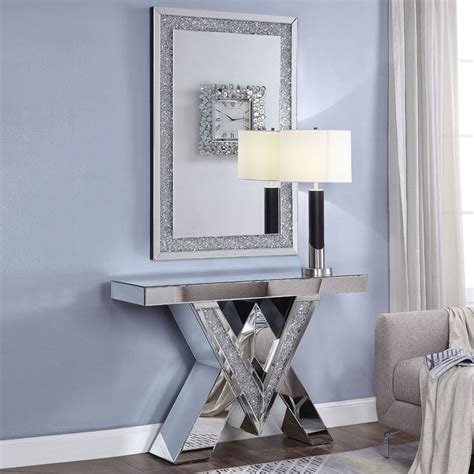 Acme Noralie Wall Decor Mirror Faux Diamonds Mirrored Console Table