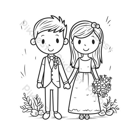 Wedding Bouquet Drawing Two Cartoon Couple Coloring Pages With A
