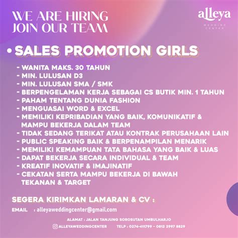 Lowongan Kerja Sales Promotion Girl Di Alleya Wedding Center