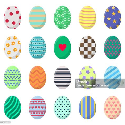 부활절 달걀 흰색 배경에 고립의 집합입니다 줄무늬 점 마음과 패턴과 다른 다채로운 계란 인사말 카드 초대장에 적합 합니다 평면