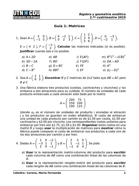 Guía01 Matrices Pdf Matriz Matemáticas Álgebra