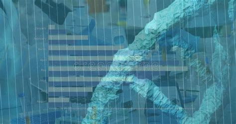 Animation Of Graphs Lights And Dna Over Hands Of Lab Workers Stock