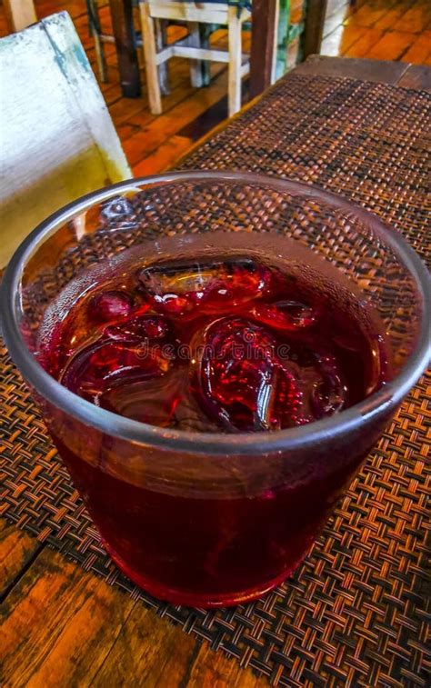 Glass Of Jamaican Iced Tea Juice On The Table Mexico Stock Image Image Of Cocktail Sorrel