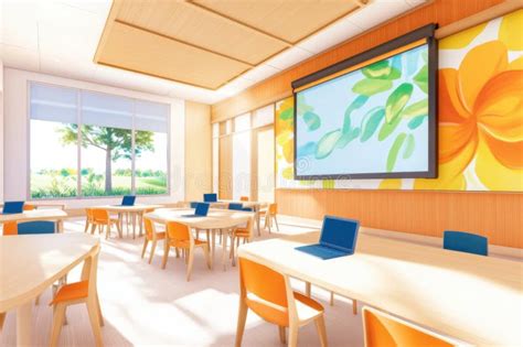 Animated Classroom Setting With Babes Using Laptops While Teacher Presents Information On