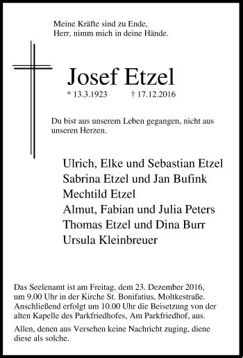 Traueranzeigen Von Josef Etzel Trauer In NRW De