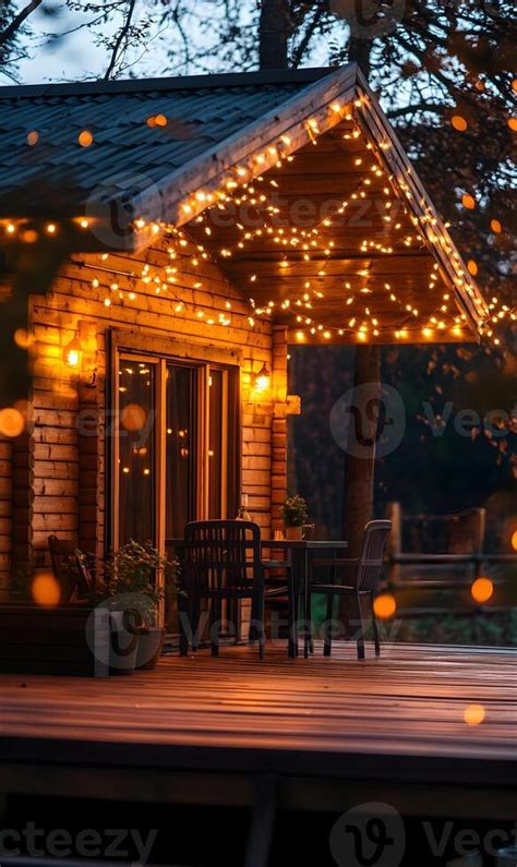 Rustic Cabin With Illuminated String Lights Creating Cozy Outdoor