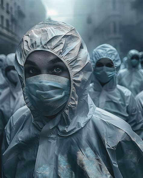 Masked Individuals Navigating A Smoggy Urban Landscape Gritty Street